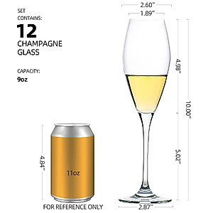 FAWLES Champagne Flutes Set of 12, Crystal Glass, 9 oz Champagne Glasses, Prosecco Sparkling Wine Glasses Set