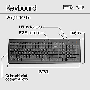 HP 150 Wired Mouse and Keyboard Combo - Full-Sized, Low-Profile Keyboard with Numeric Keypad - 1600 DPI Optical Sensor, Multi-Surface Wired Mouse - USB Plug-and-Play Connectivity (240J7AA, Black)