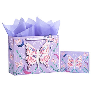 WRAPAHOLIC 13" Large Gift Bag with Card and Tissue Paper - Purple Butterfly Design for Birthday, Mother's day, Baby Shower, Party