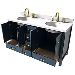 ARIEL Double Bathroom Vanity 61" Inch in Midnight Blue with Pure White Quartz Countertop, Oval Sinks, 4 Soft Closing Doors and 6 Full Extension Dovetail Drawers, No Mirror