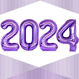 Gaint 40 Inch Purple 2024 Number Balloons 2024 Purple Balloons for 2024 New Year Eve Festival Graduation Party Decorations Supplies