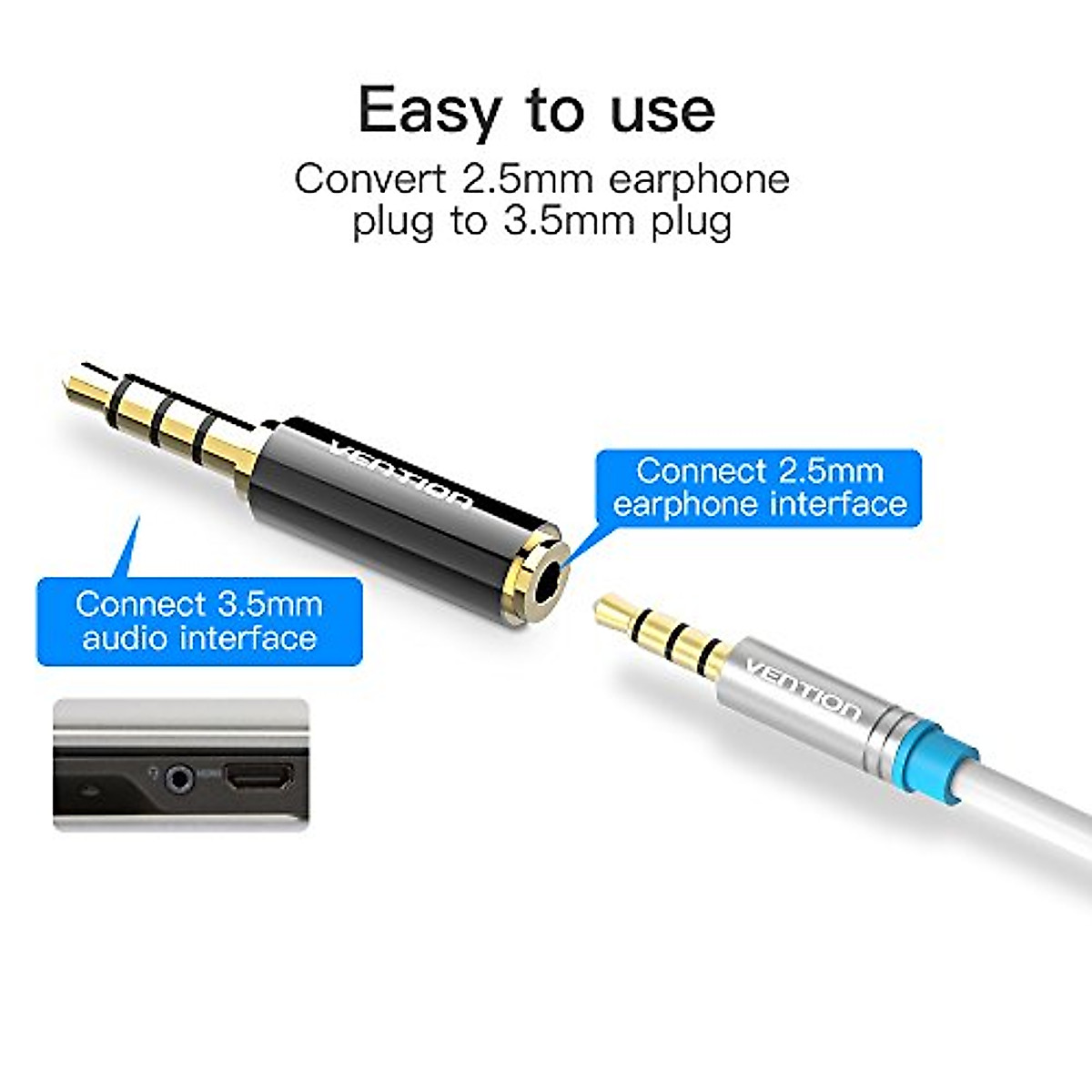 VENTION 2 Pack 3.5mm Male to 2.5mm Female Audio Travel Adapter Gold Plated Aux Auxiliary Plug Splitter 3 Ring Jack Support Microphone Earphone (Black) (3.5mm Male to 2.5mm Female)