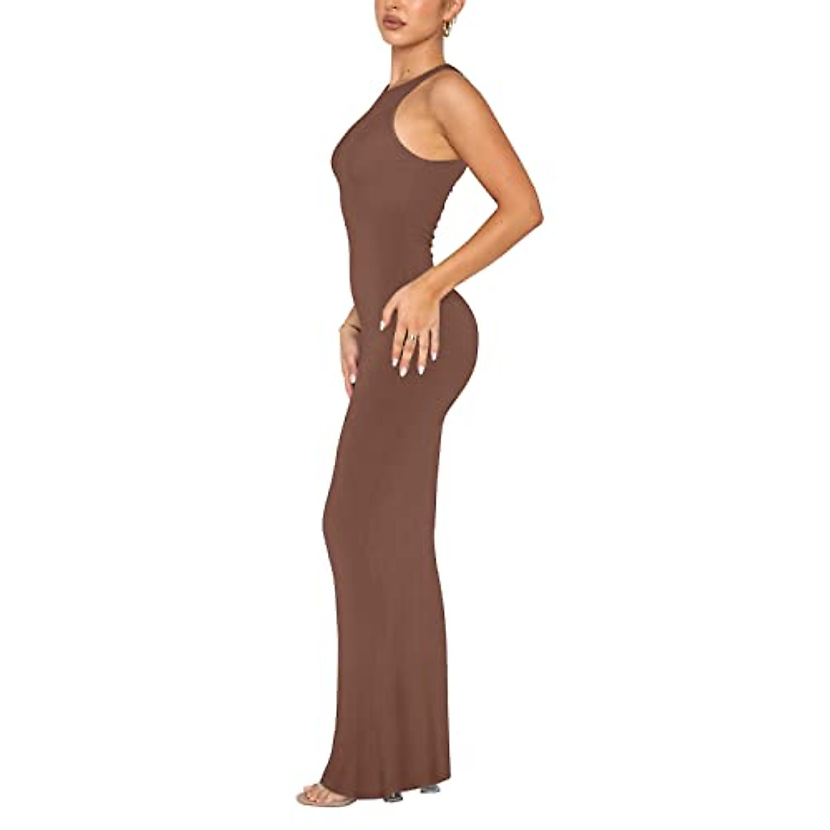 REORIA Women's Summer Sexy Casual Lounge Tank Long Dress Elegant Wedding Guest Sleeveless Halter Neck Bodycon Maxi Dresses Coffee Medium