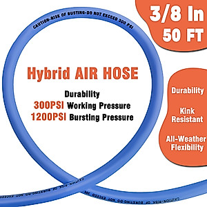 Air Compressor Hose 3/8 in x 50 ft, 300 PSI Heavy Duty Hybrid Air Hose with Quick Coupler and Plug Kit, Lightweight, Kink Resistant, All Weather Flexibility with Bend Restrictors, Blue