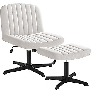 Shahoo Criss Cross Legged Chair with Ottoman, Armless Swivel Wide Padded Modern Height Adjustable Fabric Home Office, Beige