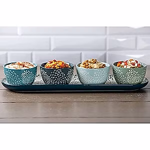 BAUM Mums Ceramic Serve 5-piece Serve Set (1) Tray & (4) Bowls Blue Floral Appetizer Serving Bowls Set, White