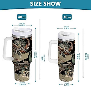 Maunzc 30 oz Tumbler with Handle and Straw, Insulated Stainless Steel Travel Mug with Lid for Coffee, Iced Tea, Water, Gift for Men Women (Peacock Paisley Textile)