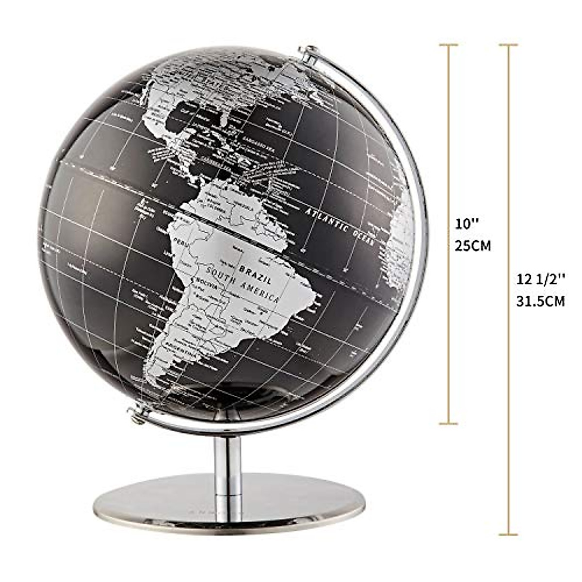 ANNOVA Metallic World Globe Black – Educational/Geographic/Modern Desktop Decoration - Stainless Steel Arc and Base/Earth World - Metallic Black - for School, Home, and Office (10-Inch)