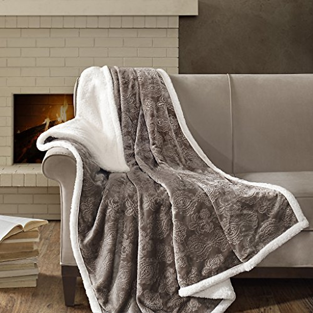 Madison Park Elma Luxury Oversized Textured Plush Throw Tan 60*70 Premium Soft Cozy Embossed Micro Velour For Bed, Coach or Sofa