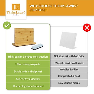 ThelmLawr5 Magnetic Knife Block (11.8" x 7.9") - Bamboo Kitchen Knife Holder with ultra-strong Magnets - Magnetic Knife Holder incl. Sharpening Stone