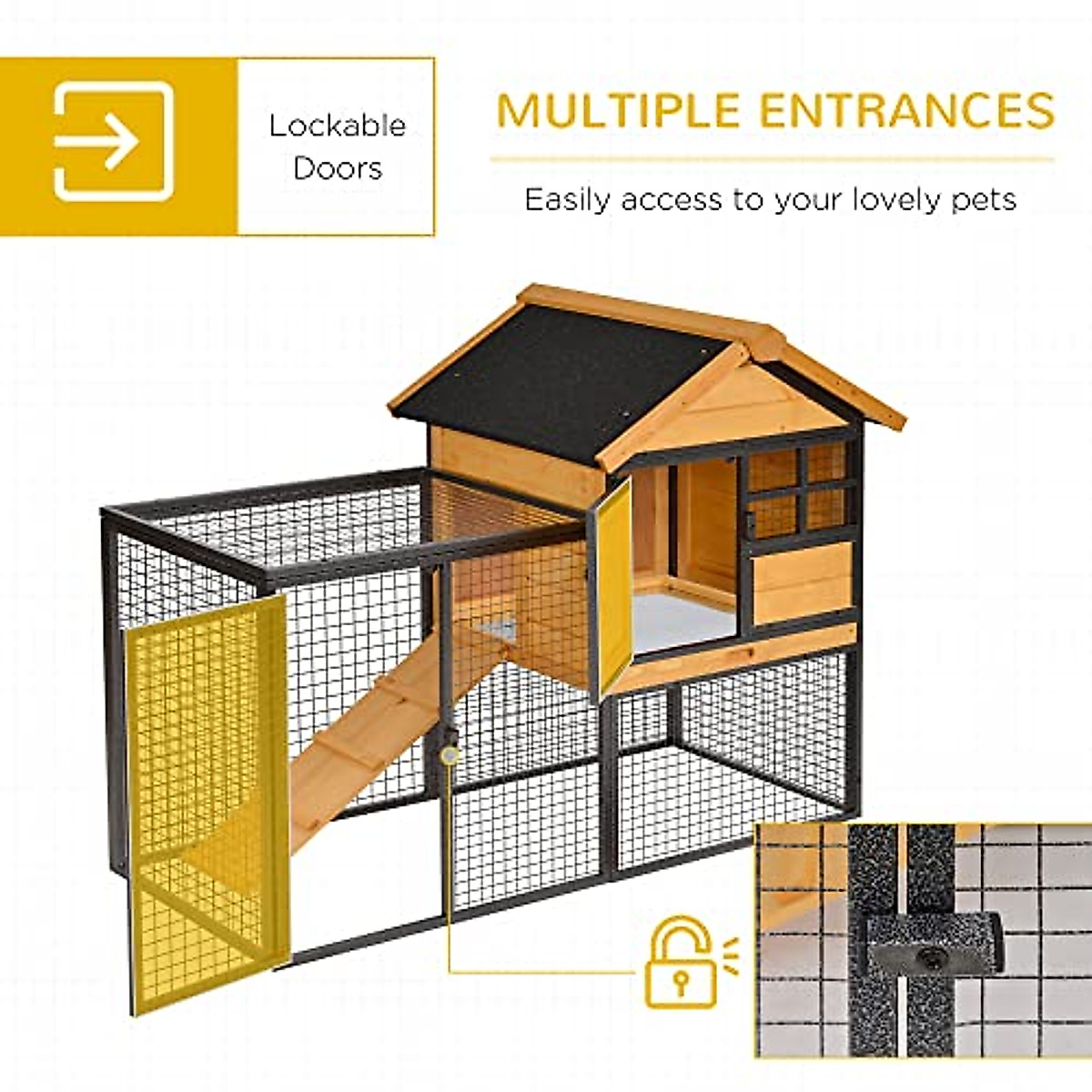 PawHut 2-Level Rabbit Hutch Bunny House with Weatherproof Hinged Asphalt Roof, Removable Tray and Ramp for Outdoor