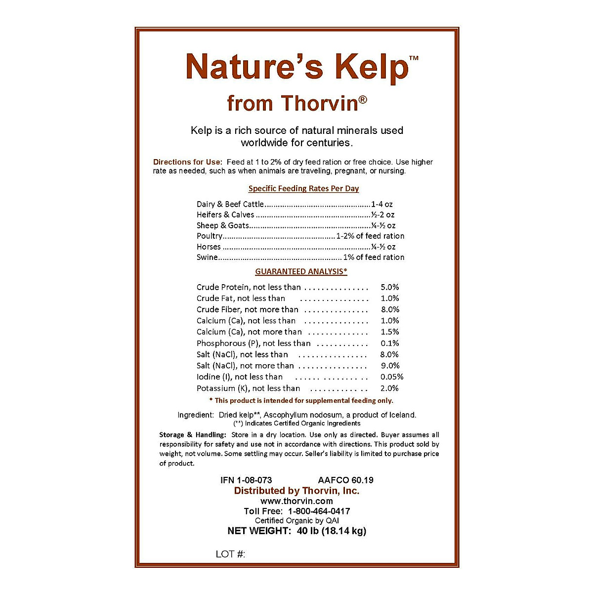 Thorvin Organic Kelp Meal - Kelp Nutrients for Livestock and Pet - Natural Seaweed Fertilizer Harvested and Dried in Iceland - Sea Kelp for Cattle, Goat, Sheep and Horses, 40 lbs - Made
