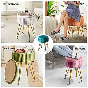 ECOMEX Velvet Round Storage Ottoman with Metal Legs, Removable Tray Cover, Upholstered Pleated Round Ottoman with Storage Round Footstool Makeup Vanity Stool for Home Living Room Bedroom, Teal