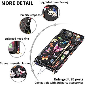 HOGGU Crossbody iPhone 14 Case Wallet with Card Holder, Floral Leather iPhone 14 Crossbody Case with Strap, Kickstand, Zipper Purse, Protective Square Phone Case Cover for Women Girls-Butterfly