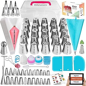 RFAQK 150PCs Russian Piping Tips Complete Set - Cookie Cupcake Cake Decorating Kit includes Numbered Piping Tips (24 Icing Tips+25 Russian Tips+7 Ruffle Tips+Ball Tip+41 Pastry Bags+EBook+Booklet)