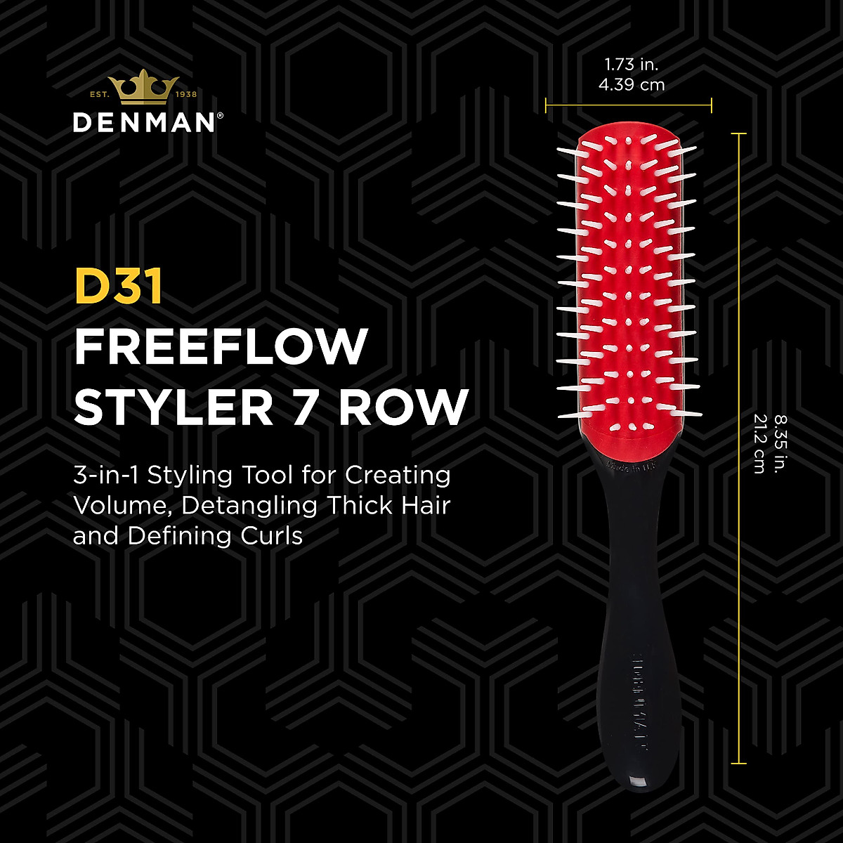 Denman Free Flow Wide Spaced Pins 7 Row Hair Styling Brush - 3-in-1 Styling Tool for Creating Volume, Detangling Thick Hair and Defining Curls, D31