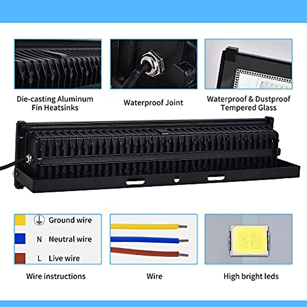 UJLOE 300W LED Flood Lights Outdoor, IP66 Waterproof, 33000LM, 100V-120V, Super Bright Outdoor Security Lights, 6000K Daylight White, Floodlights for Backyard, Garage, Garden, Lawn