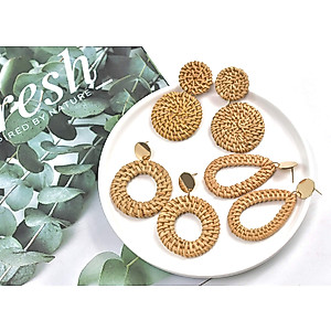 Rattan Earrings for Women Handmade Straw Wicker Braid Drop Dangle Earrings Lightweight Geometric Statement Earrings (3 Pairs Set)