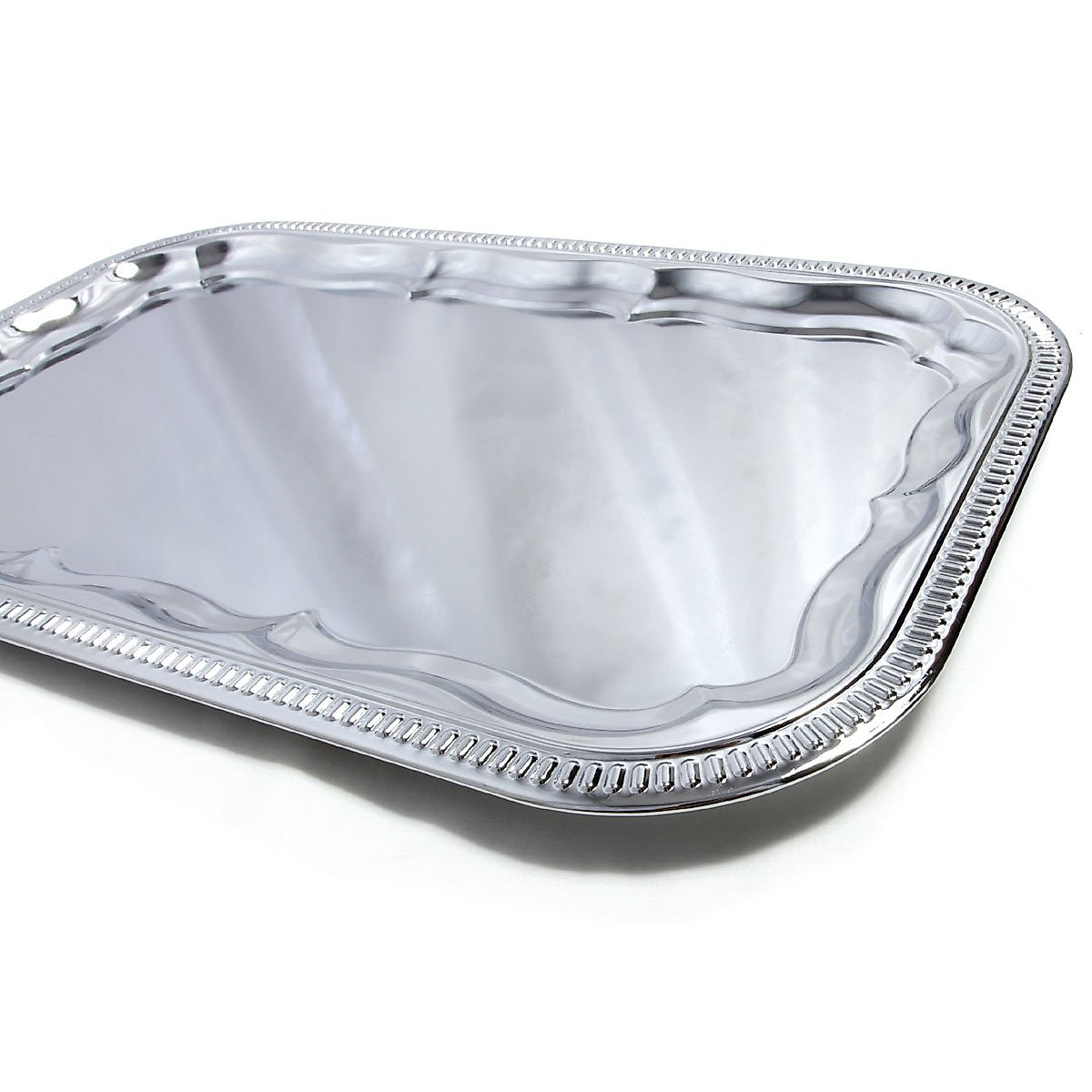 Maro Megastore (Pack of 4) 20.9" x 12.8" Traditional Rectangular Trim Floral Pattern Engraved Catering Chrome Plated Serving Plate Mirror Tray Platter Tableware Holiday Party Serving (Large) T227L-4PK