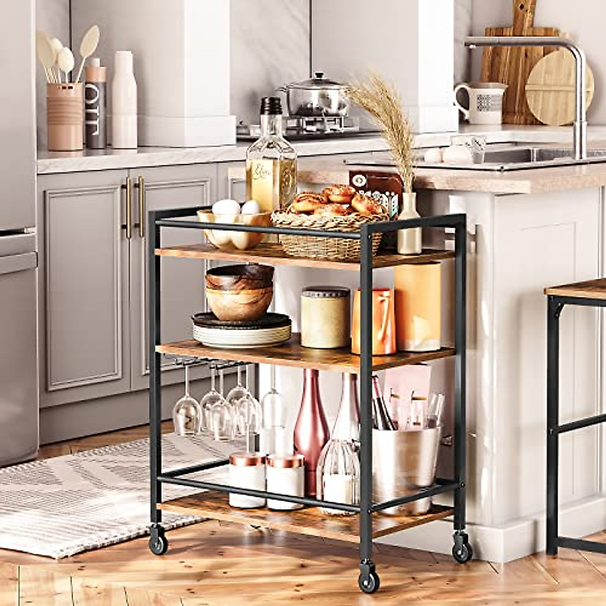 HOOBRO Bar Cart for The Home, Serving Cart with Wine Glass Hooks, Rolling Kitchen Cart with Lockable Wheels, 25.2 x 15.7 x 33.3 Inches Beverage Cart with Storage Shelves, Rustic Brown BF02TC01