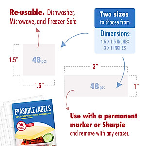 MESS Reusable Labels for Food Containers - Erasable Kitchen Labels (96-Pack) Labels for Organizing - Food Labels for Containers - Removable Labels Freezer Fridge - White Dry Erase - Labels for Jars