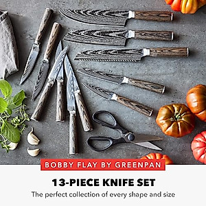 GreenPan x Bobby Flay 13 Piece Stainless Steel Cutlery Kitchen Knife Block Set, Premium Stainless Steel Blades, Acacia Wood Knife Block, Hand Finished Wood Handle, Damascus Steel Design