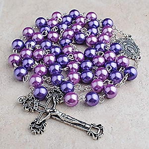 HanlinCC Purple and Pink Glass Pearl Beads Rosary Necklace with Miracuolus Center Piece and Aint-Silver Crucifix with Puprle Metal Gift Box