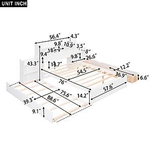 Full Storage Bed Frame with Twin Size Trundle,Bookcase Headboard and Charging Station,Wood Full Size Platform Bed with Pull Out Shelves and Drawers for Kids,Teens,Adults,Noise Free,White