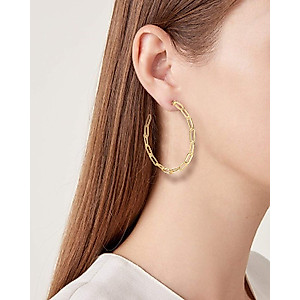 NLCAC 14K Gold Chain Hoop Earrings Chic Shiny Gold Paperclip Chain Link Big Hoop Earrings for Women (Gold)