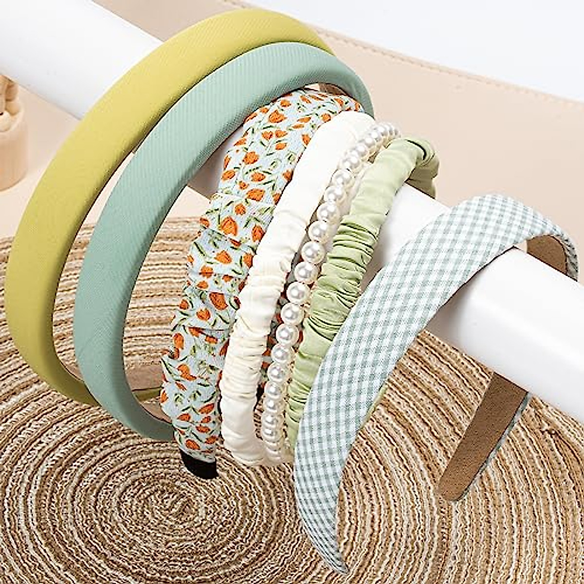 7pcs Fashion Headbands for Women, Wide Floral Headbands for Girls, Pearl Headband Non Slip Head Bands for Women's Hair Accessories (Green)