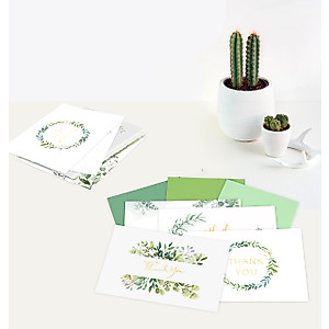 24 Pack Gold Foil Greenery Thank You Cards with Self-adhesive Envelopes, 4"x6" Boxed Watercolor Thank You Note Cards for Bridal Shower, Wedding or Baby Shower, 24 Unique Designs