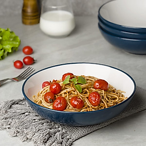 GBHOME 8.75'' Large Pasta Bowls Set of 4, 42oz Stoneware Deep Salad Pasta Bowls for Kitchen, Chip-resistant Bowls Set for Salad Pasta Meal, Microwave and Dishwasher Safe, White-Cobalt