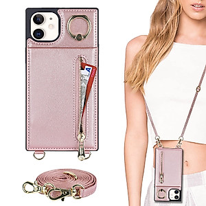 Jaorty iPhone 12 Mini Case with Card Holder for Women,Crossbody Wallet Case for iPhone 12 Mini with Strap,[Ring Holder Kickstand] Lanyard Leather PU Magnetic Clasp Zipper Purse,5.4" Pink