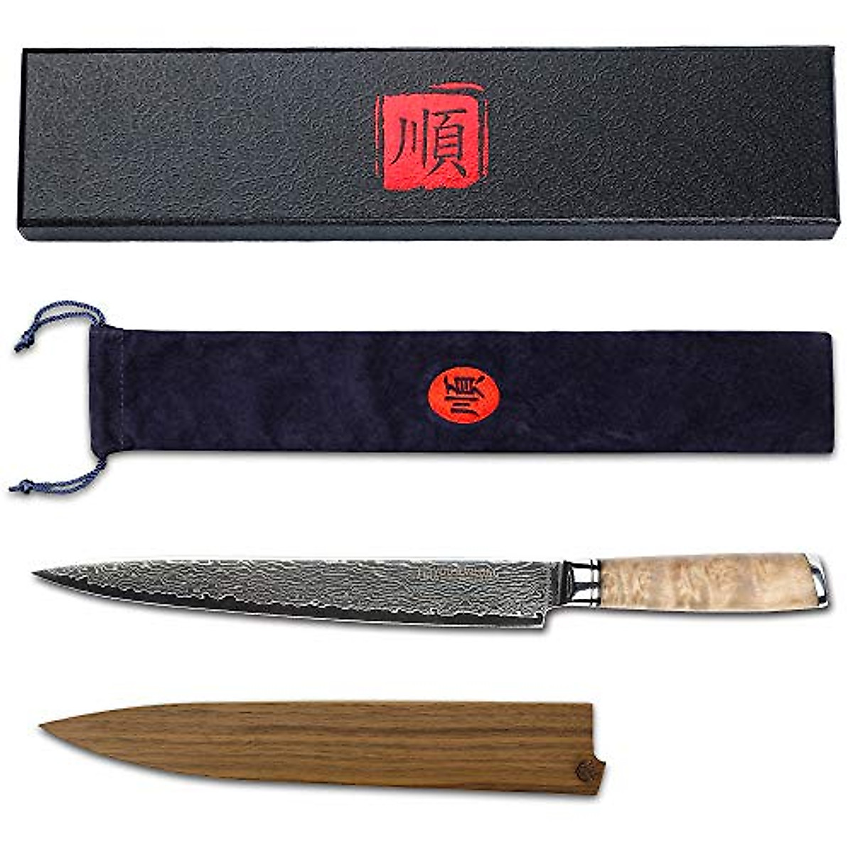 SUNLONG Fillet Knife Sashimi Sushi Carving Knife 10 Inch Japanese Knife - 67 layer Damascus Steel- Natural Burl Wood Handle - Walnut Wood Sheath - Flannel Knife Bag