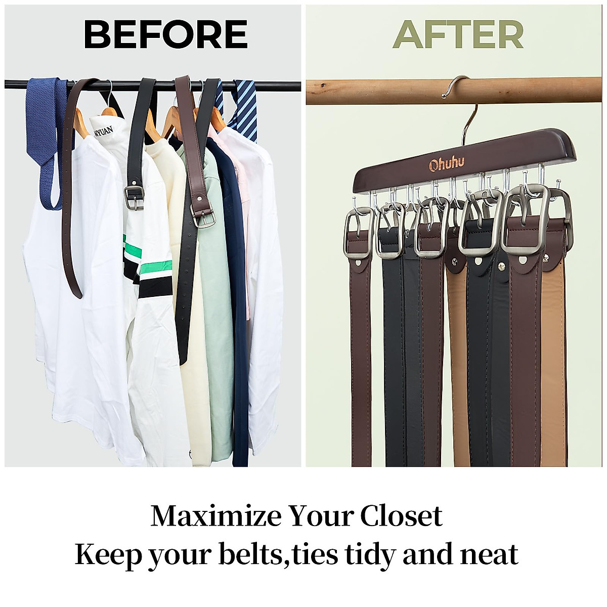 Belt Hanger Organizer for Closet: Ohuhu 16 Hooks Max 48 Belts Tie Rack Wooden Belt Holder for Storage 360 Degree Rotating Space Saver Organizer for Men Women Belt Tie Scarf Tank Top Accessories-Walnut