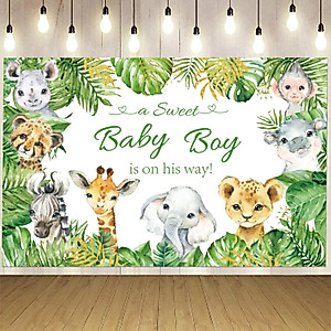 244PCS Jungle Safari Baby Shower Decorations include Plates, Cups, Napkins, Cutlery, Backdrop, Tablecloth, Palm Leaves, Balloon Garland Kit for Animal Themed Baby Boy Shower Decorations, Serves 24