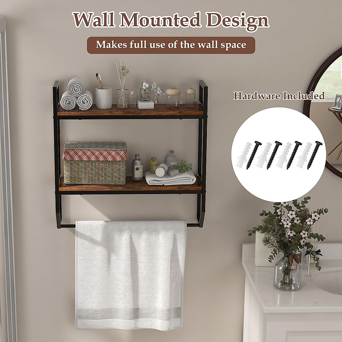 GOFLAME 2-Tier Industrial Bathroom Shelves with Towel Bar, Over The Toilet Shelf Wall Mounted with Metal Frame, Wall Storage Organizer Shelf for Bathroom, Living Room, Kitchen, Rustic Brown