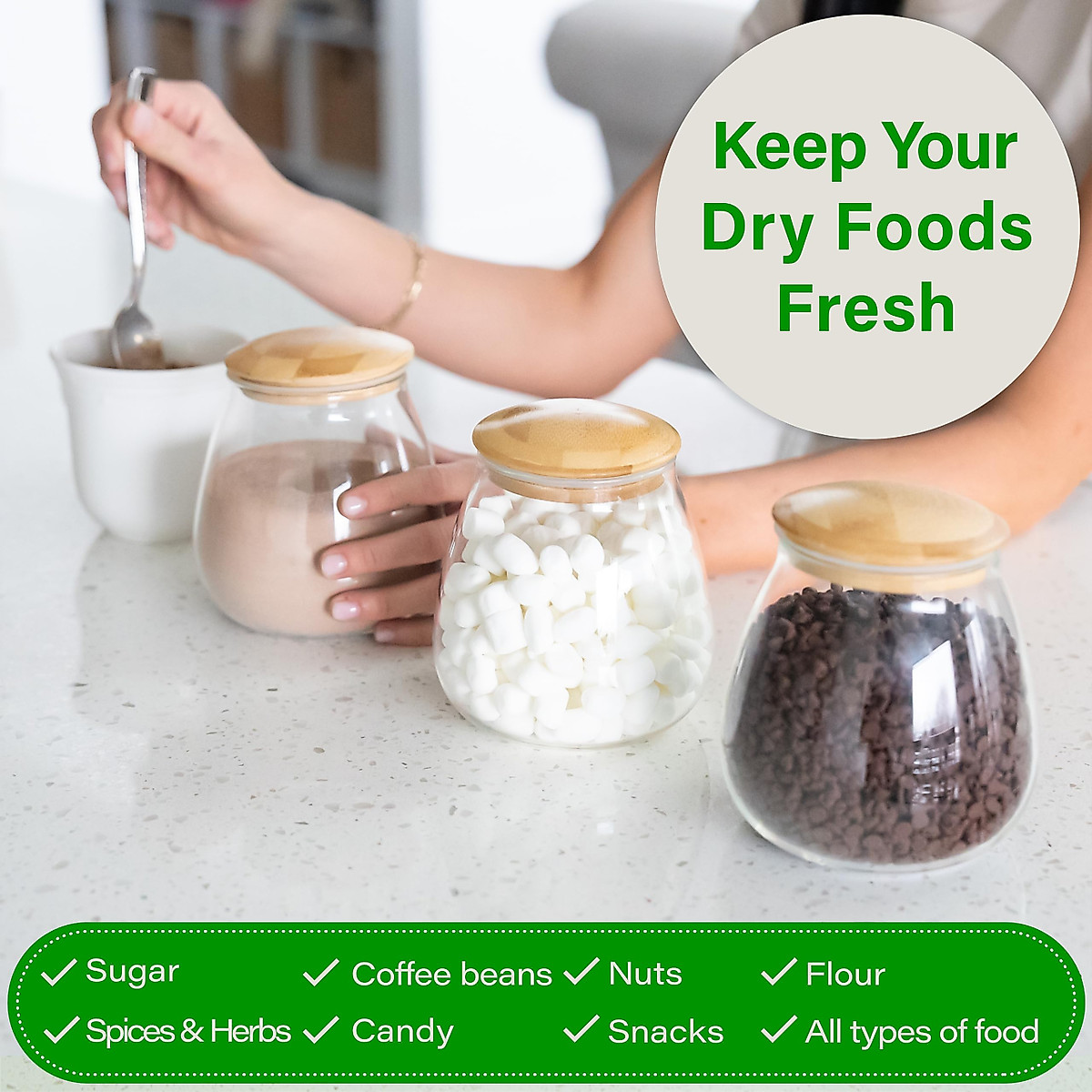 Set of 3 Round Glass Jars With Bamboo Lids - Modern, Glass Storage Containers for Coffee, Sugar, Candy, Rice, Pasta & More - Decorative 29 Ounce Borosilicate Glass Canisters With Airtight Lids