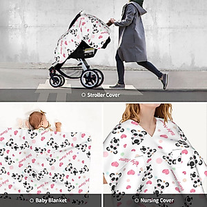 Personalized Cute Panda Pink Baby Car Seat Canopy for Babies with Name, Customized Stroller Car Seat Covers for Girls, Minky Nursing Carseat Cover for Breastfeeding, Car Seat Canopies for Newborn