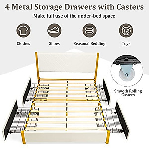 Giantex Full Size Upholstered Bed Frame, Wooden Slatted Bed with Adjustable Headboard & 4 Storage Drawers, Deluxe Platform Bed Frame with 1300 LBS Weight Capacity, No Box Spring Needed, Gold&Beige