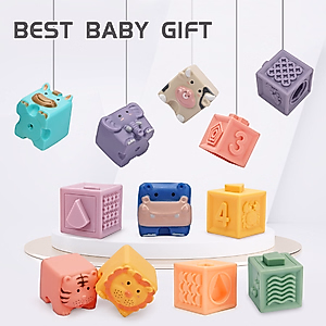 QLOTS Baby Blocks, Baby Toys 12PCS Soft Stacking Building Blocks Infant Bath Toys for Toddler 12 Month 1 2 Years Old Boys&Girls Gift Safe Teething Squeeze Sensory Toys with Suction Cup Storage Bag