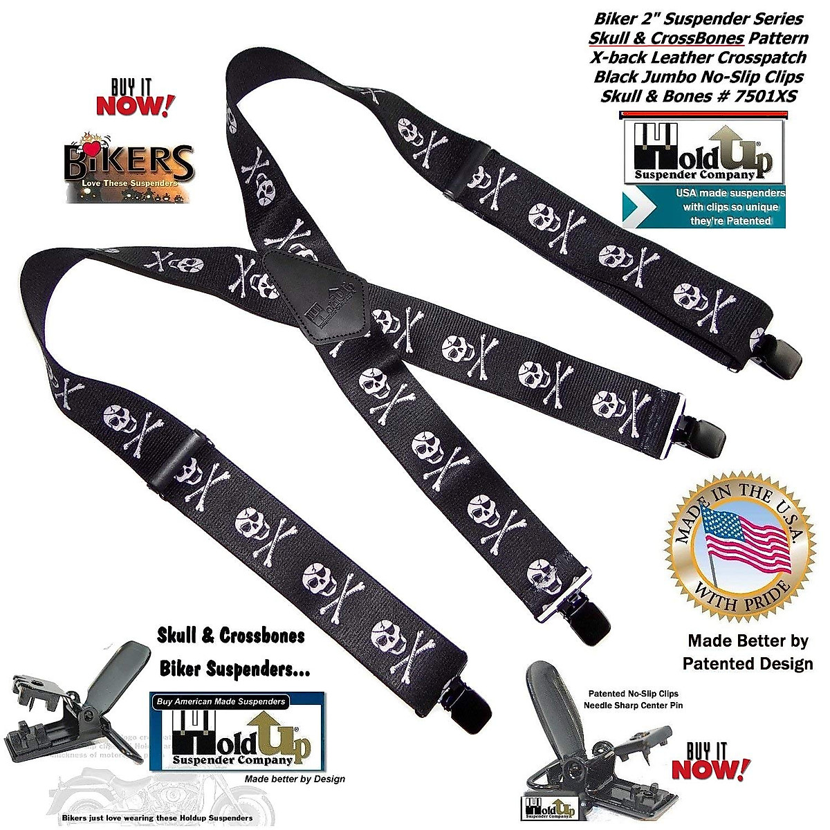 Holdup Suspender Company 2" wide Biker Skull & Crossbones Suspenders for Men with Patented Jumbo black metal no-slip Clips