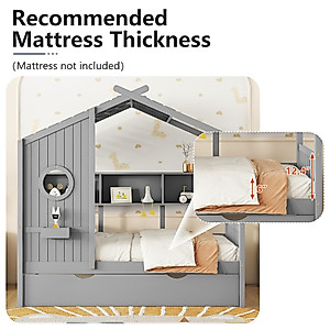 HUMEHA Twin Bed Frames for Kids, House Bed with Trundle and Shelves, Wood Playhouse Platform Bed Frame with Window and Fence for Boys Girls, Gray, 74.4" L x 42.7" W x 72" H