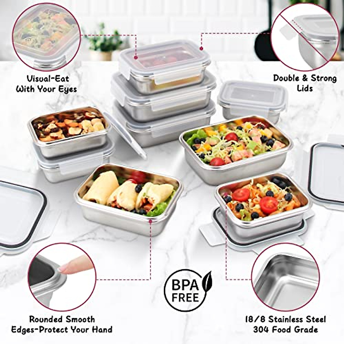 Cykorxicc 10 PC Square 304 Stainless Steel Food Containers with Lids, Airtight Bento Lunch Box, Metal Meal Prep Food Containers Reusable Stackable | Nestable Oven/Dishwsher/Freezer Safe