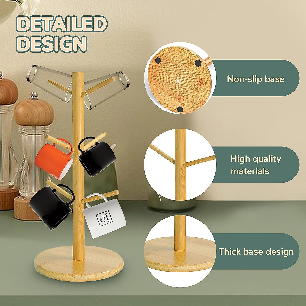 Roucerlin 1 Pack Wooden Coffee Mug Tree, Mug Holder Tree with 6 Hooks, Self-Mounting Mug Tree for Counter, Coffee Mug Stand Rack for Kitchen, Living Room, Coffee Station, Bar (Wood)