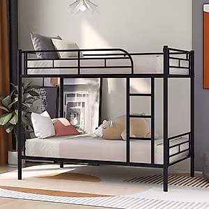 CNANXU Bunk Beds Twin Over Twin, Metal Bunk Bed with Guard Rails,Ladder for Young Boys Girls Dormitory Bedroom, No Box Spring Needed
