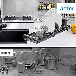 Joemdehazam Dish Drying Rack,Expandable Dish Rack,Compact Dish Rack Durable, Stainless Steel Dish Drying Rack with Removable Cutlery Holder, Small Sink Drainer for Sink or Kitchen Countertop (Grey)