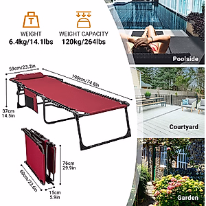 KingCamp Adjustable 5-Position Heavy Duty Folding Chaise Lounge Chair with Pillow Pocket, Portable Great for Outdoor Patio Lawn Beach Pool Sunbathing, Supports 264lbs（2 Pack）