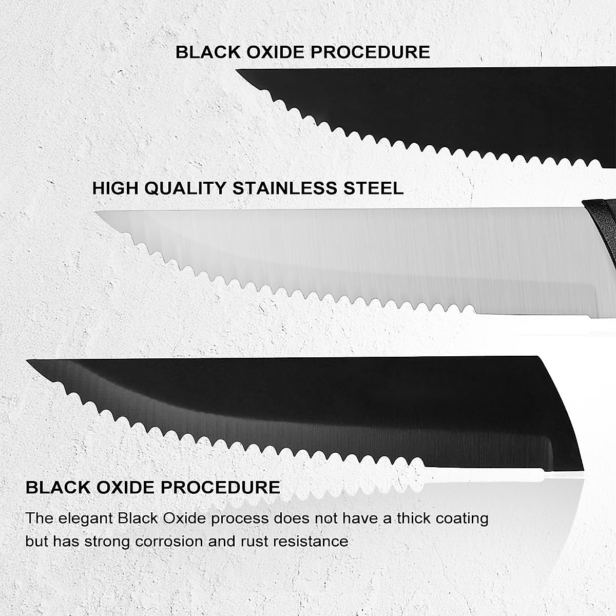 YUNYDSM Steak Knives Set of 8, Stainless Steel Serrated Steak Knife, Sharp Serrated Edges, Comfortable Grip Ergonomic Non-Slip Handle, Dishwasher Safe(8.5in Black)