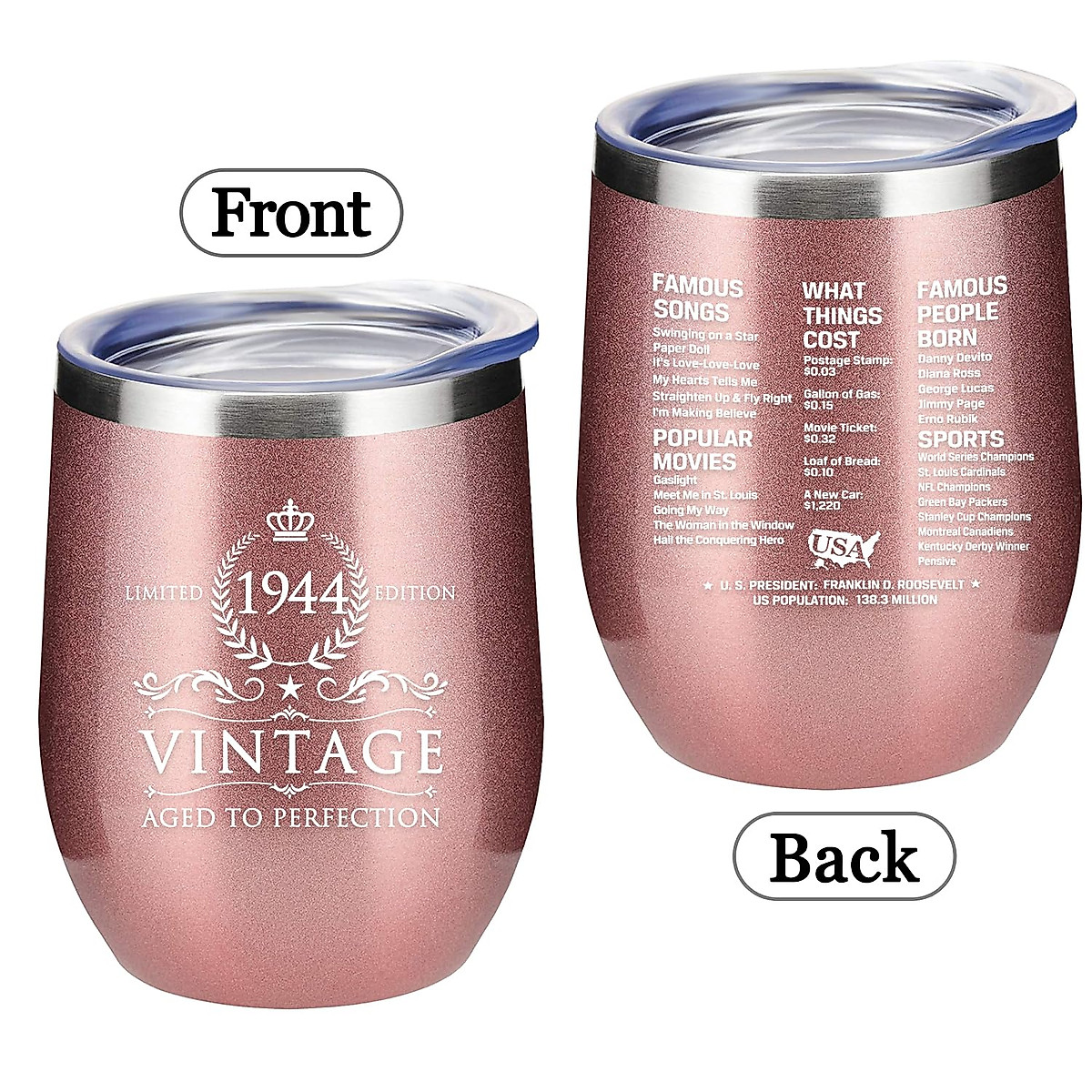 80th Birthday Gifts for Women and Men - 1944 80th Birthday Decorations - 12 Oz Insulated Stainless Steel Wine Tumbler with Lid for Her Wife Mom Grandma Aunt Friend, Rose Gold